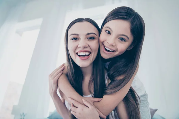 Close-up portrait of two nice beautiful attractive lovely feminine ...
