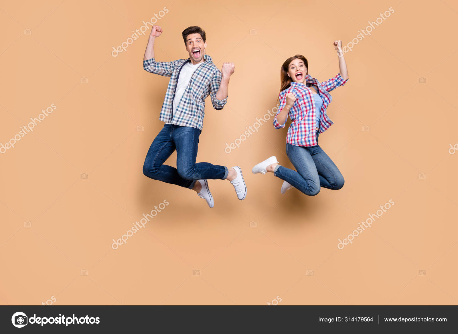 Full body photo of two people crazy lady guy jumping high celebrating ...