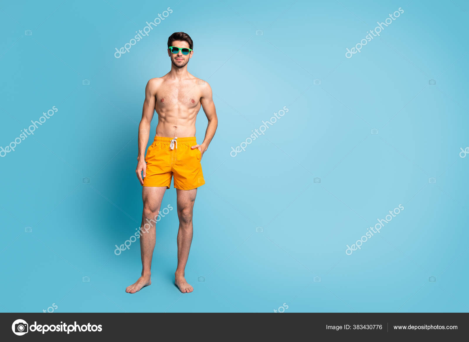 Full length body size photo of confident virile man with hands in ...