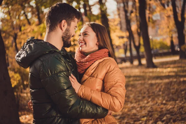 Photo of passionate couple girl guy soulmate hug cuddle in autumn fall ...