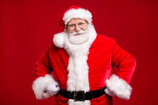 Photo of positive excited retired man wear santa claus costume ...