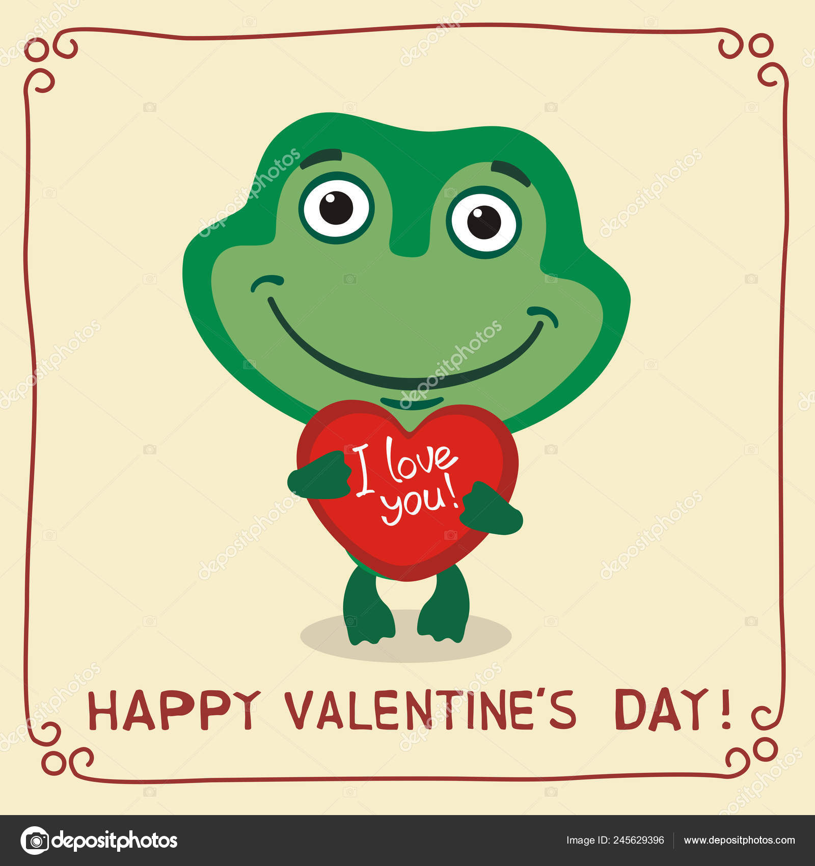 Greeting Card Cute Funny Cartoon Character Frog Holding Heart Text ...