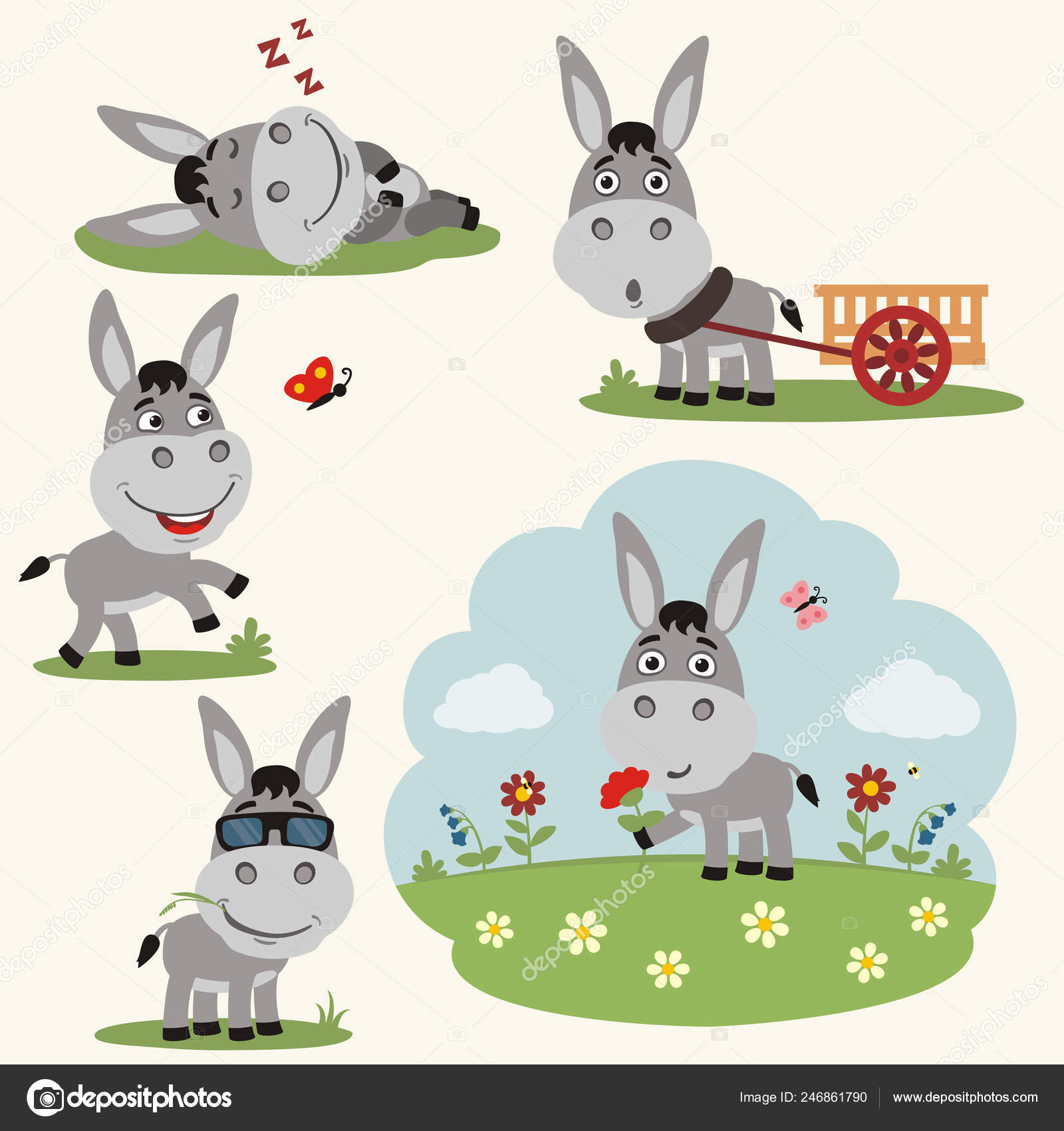 Conjunto Lindos Personajes Dibujos Animados Burros Disfrutando Del ...