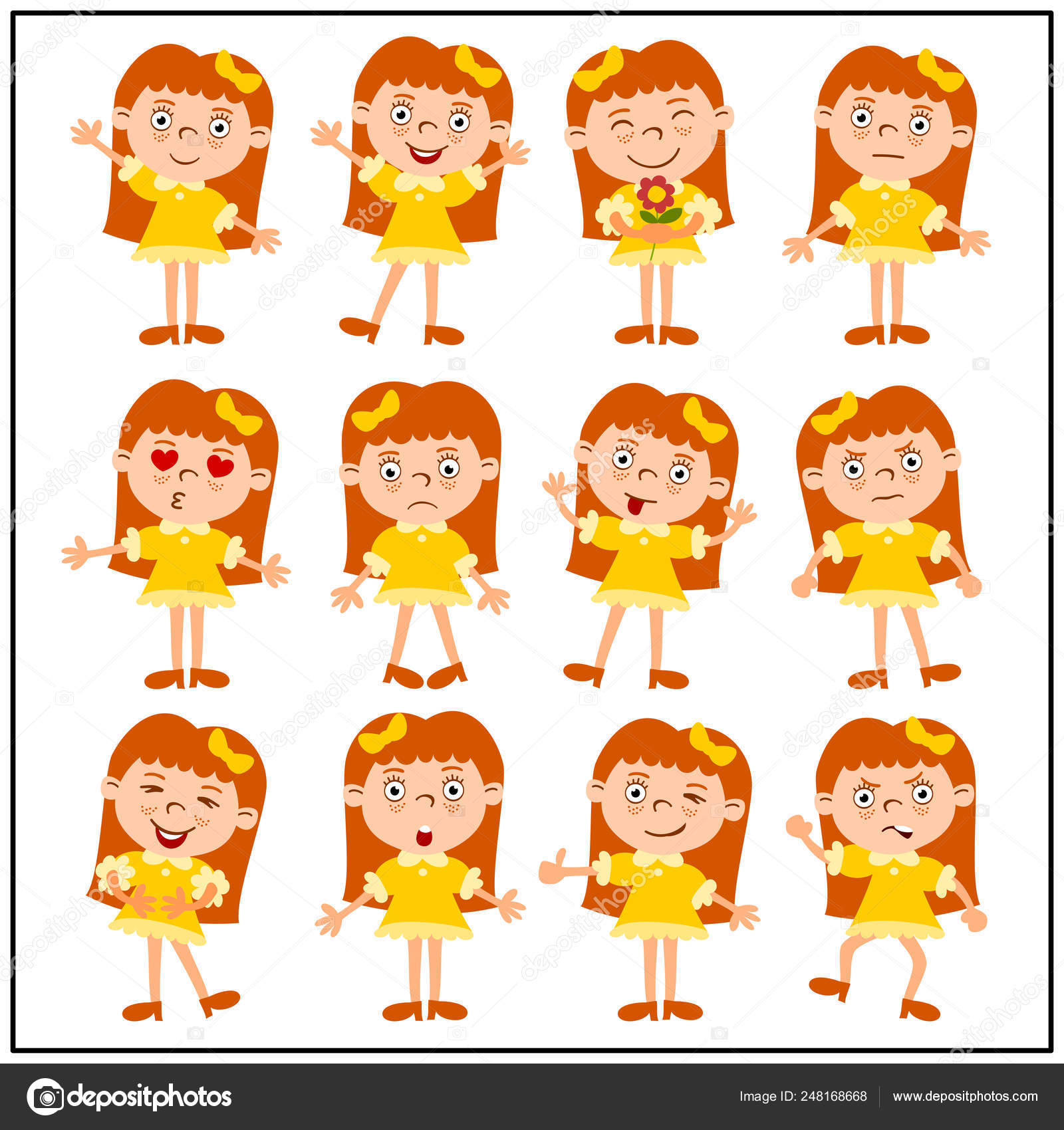 Set Little Funny Girls Wearing Yellow Dresses Different Poses Emotion ...