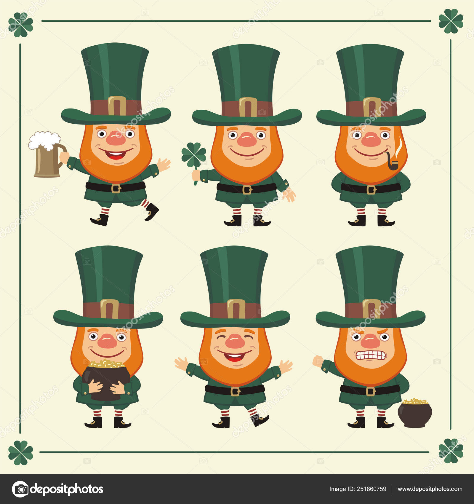 Set Funny Cartoon Characters Leprechauns Different Emotions Saint