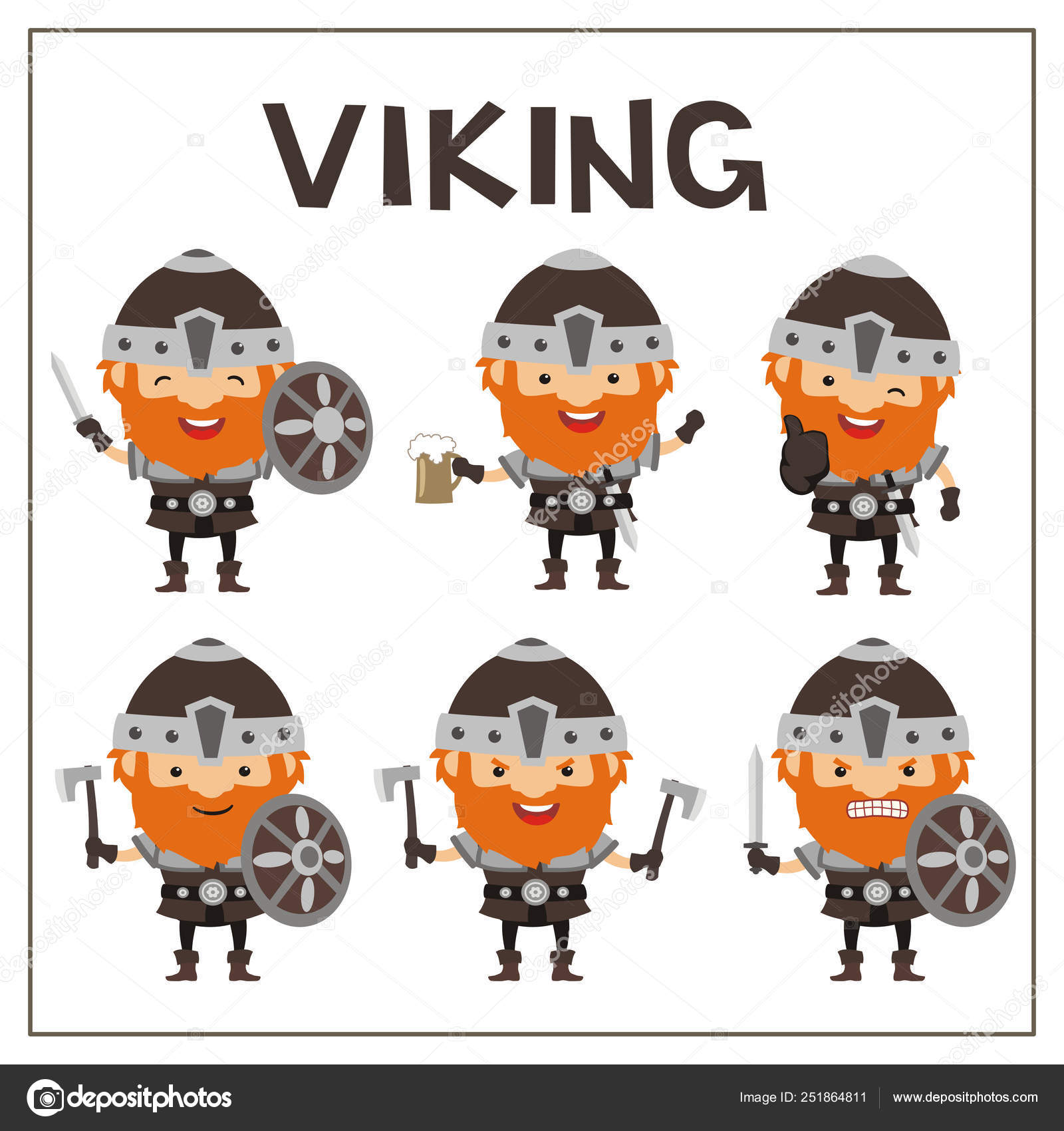 Conjunto Personajes Dibujos Animados Lindos Vikingos Con Barbas Jengibre Cascos Vector de stock ...