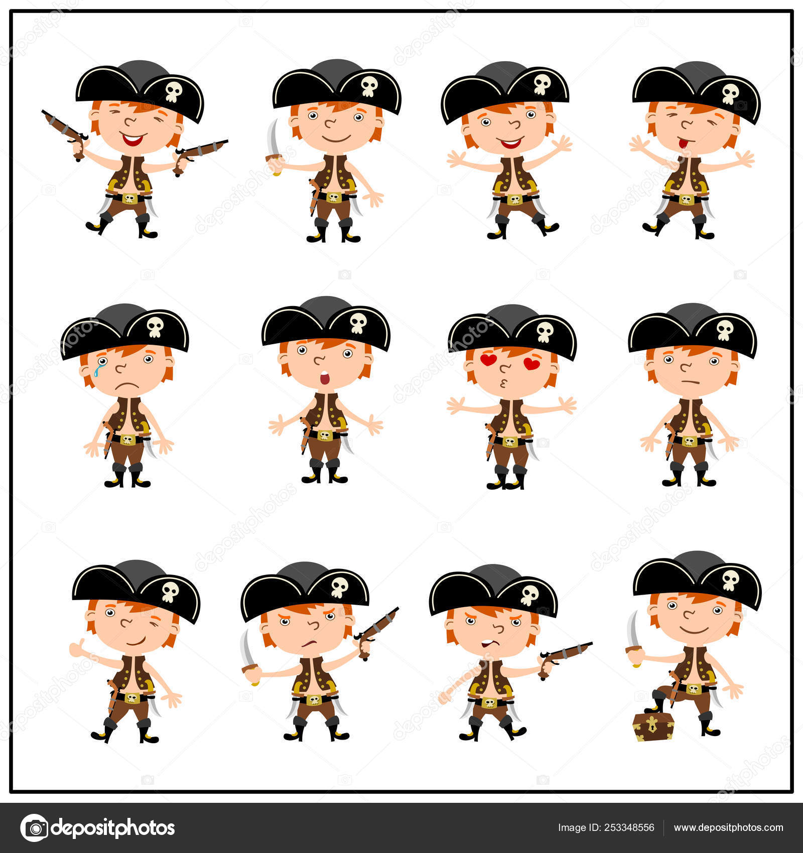 Set Funny Cartoon Characters Pirates Ginger Hair Hats Different ...