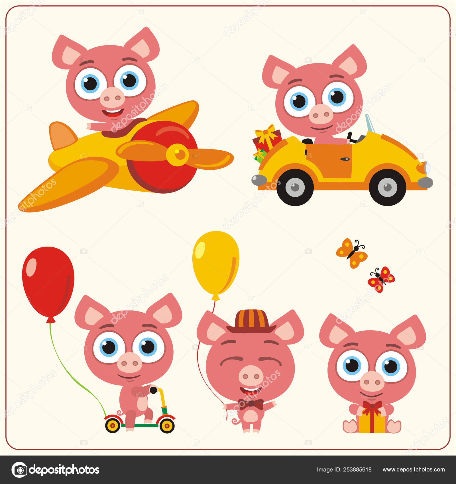 Set Cute Cartoon Characters Pigs Flying Plane Driving Car Balloons ...