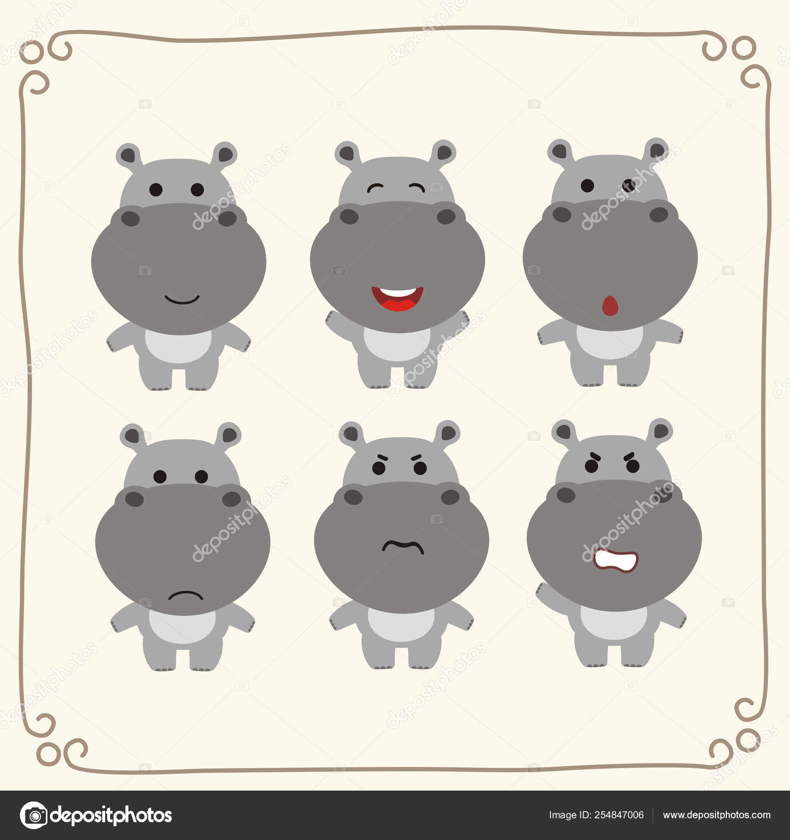 Set Charming Cartoon Characters Hippos Different Emotions Stock Vector ...