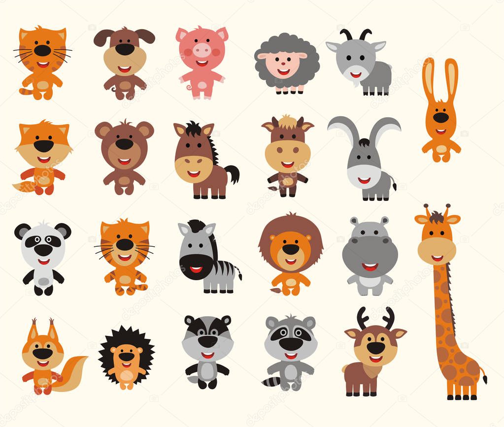 Gran conjunto de animales divertidos en estilo de dibujos animados, vector, ilustración 2022