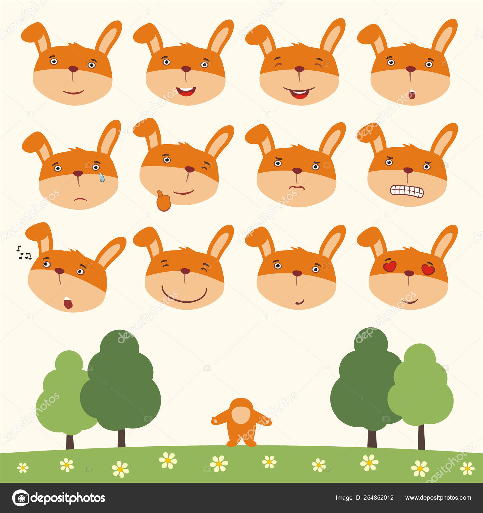 Set Cartoon Characters Little Funny Rabbits Different Emotions Body ...