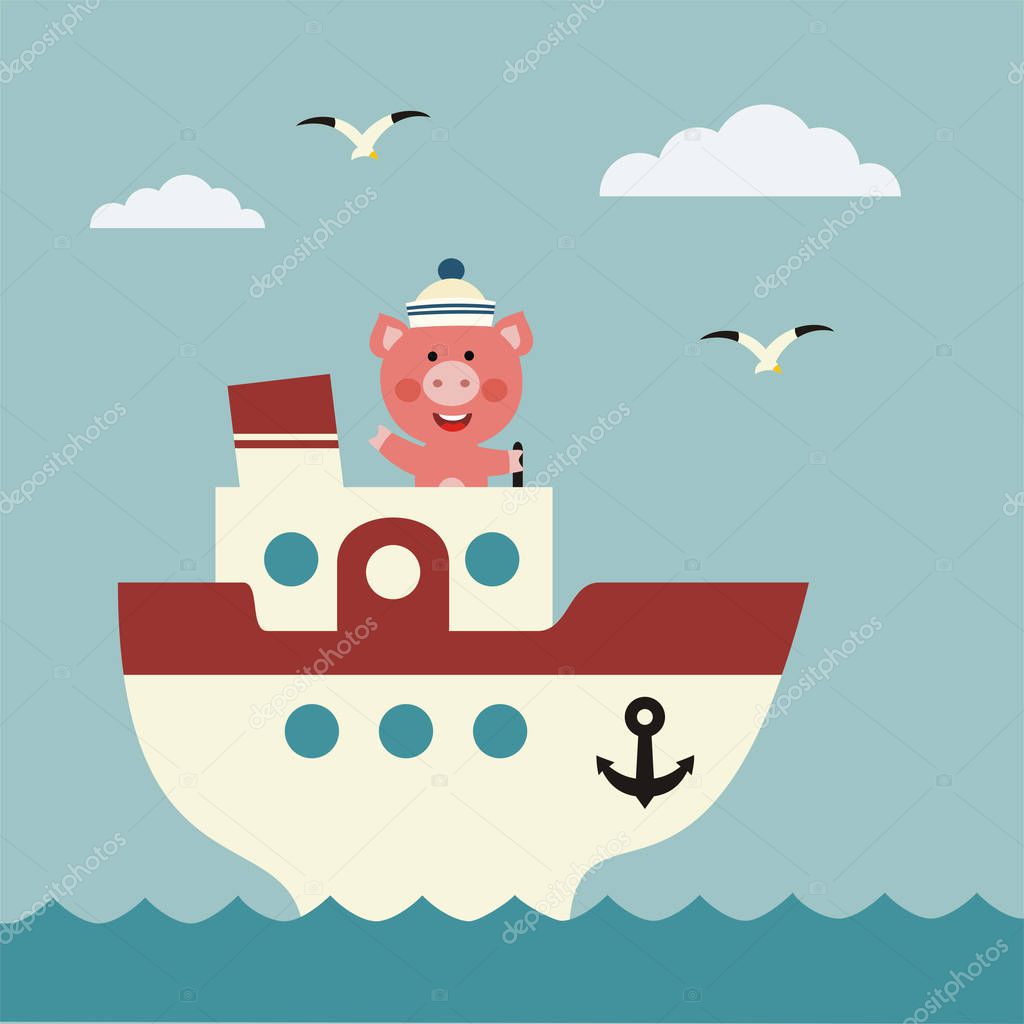 lindo personaje divertido de dibujos animados de marinero cerdo en la ...