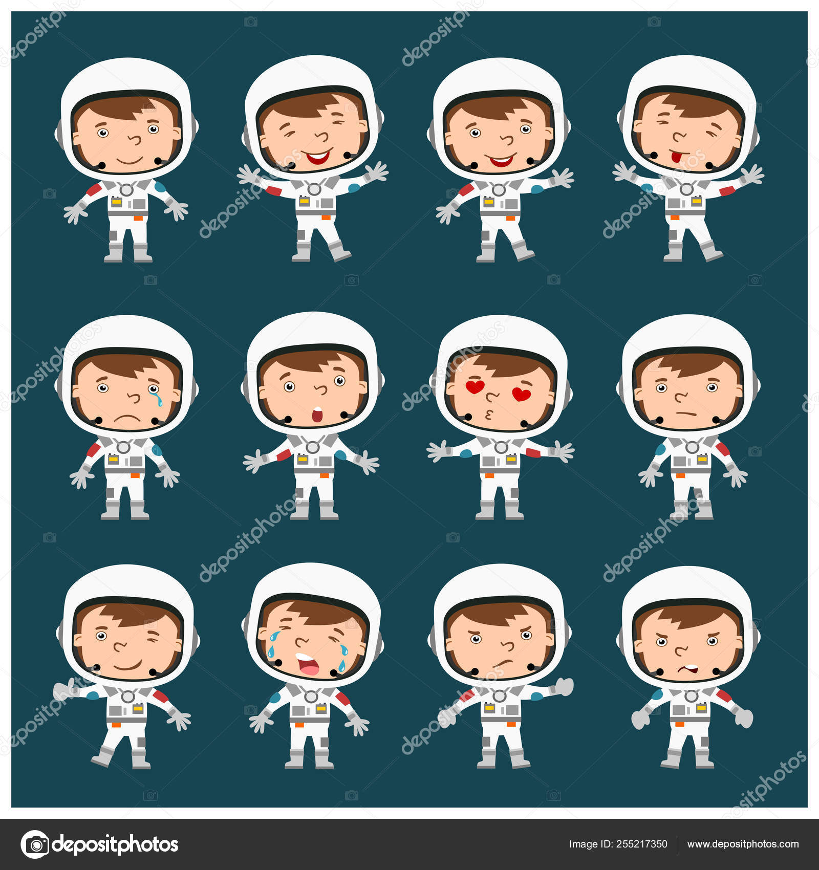 Set Funny Astronauts Cartoon Style Different Poses Emotions Dark ...