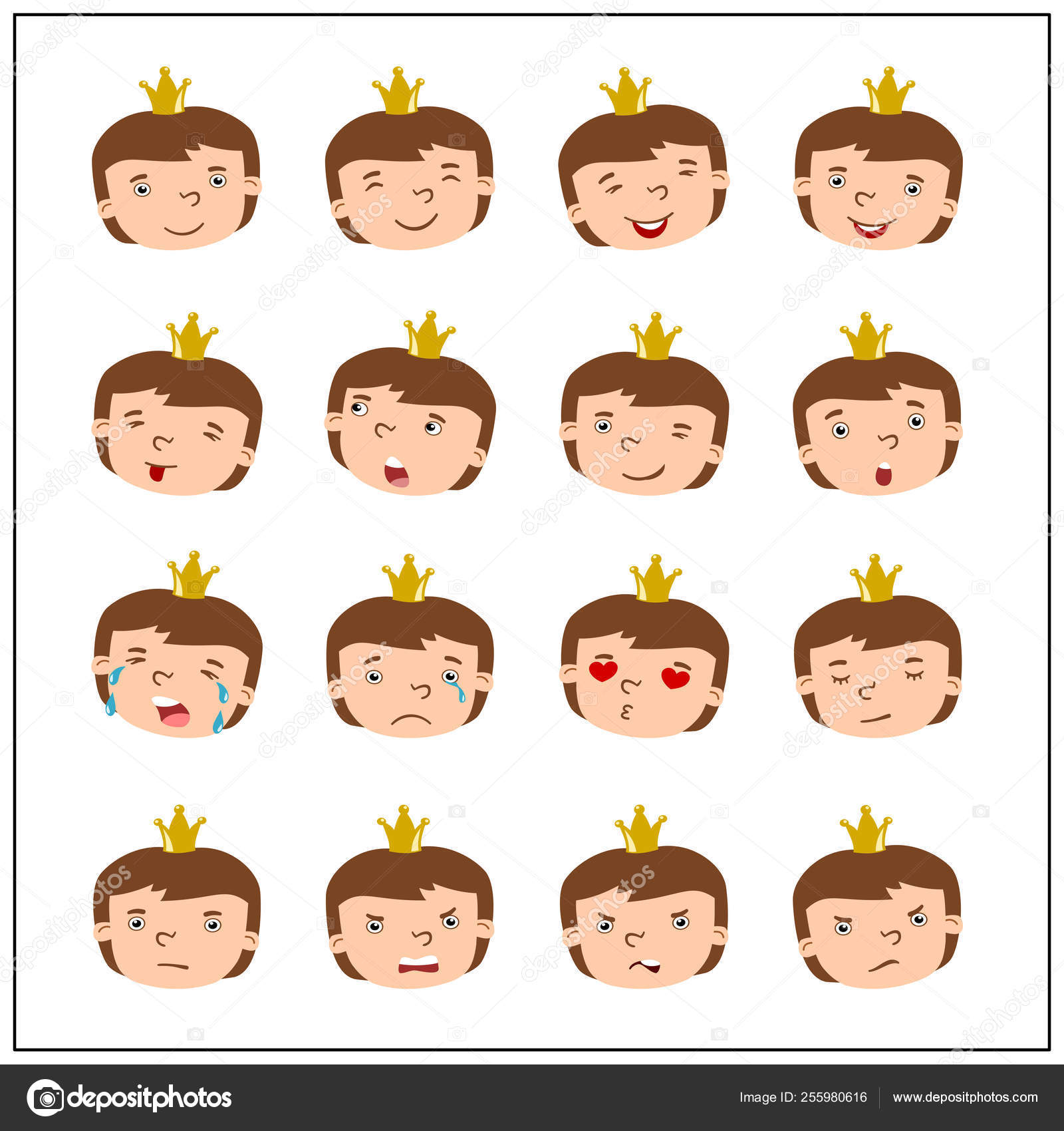 Cute Cartoon Characters Princes Crowns Different Emotions Isolated ...