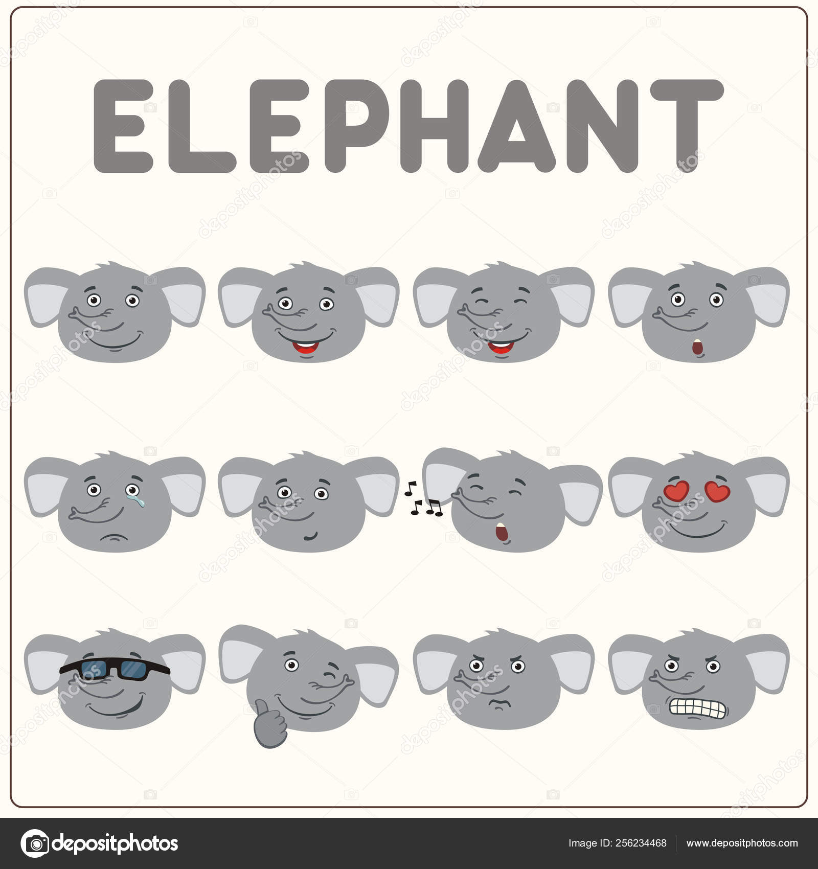 Set Elephant Faces Different Emotions Cartoon Style Stock Vector Image ...
