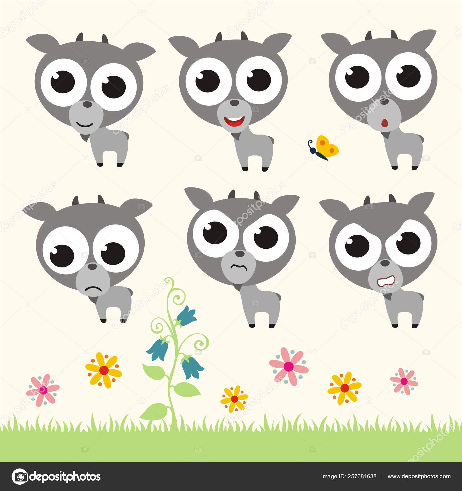 Set Charming Cartoon Characters Goats Different Emotions Meadow — Stock ...