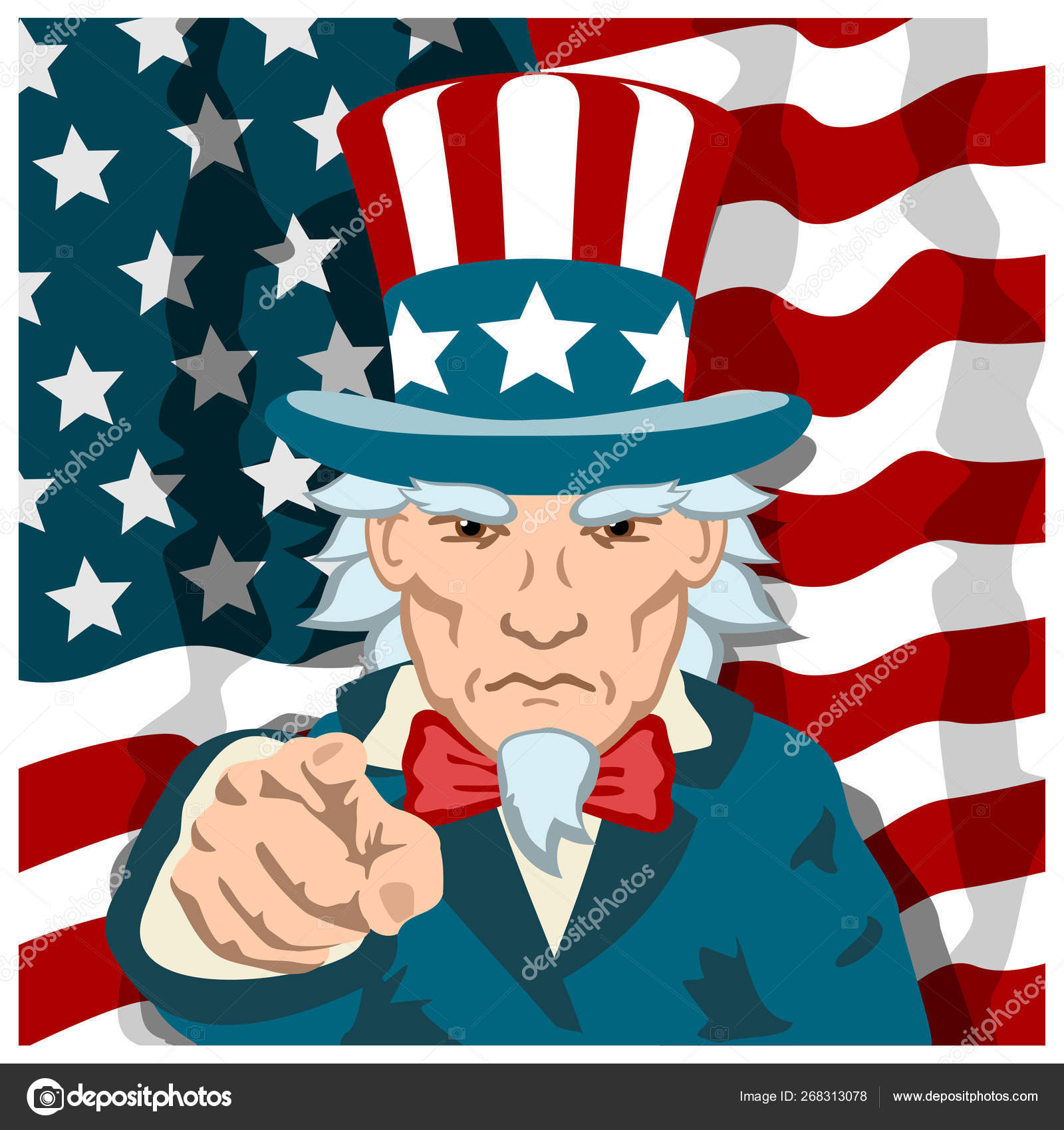 Angry Uncle Sam Costume Pointing Finger Forward American Flag Background Stock Vector Image By