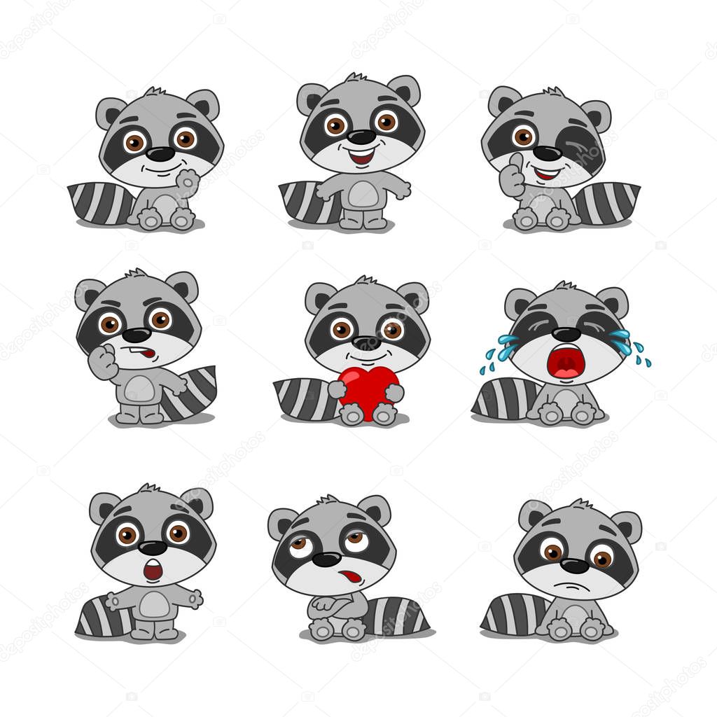 conjunto de encantadores personajes de dibujos animados de mapaches con ...
