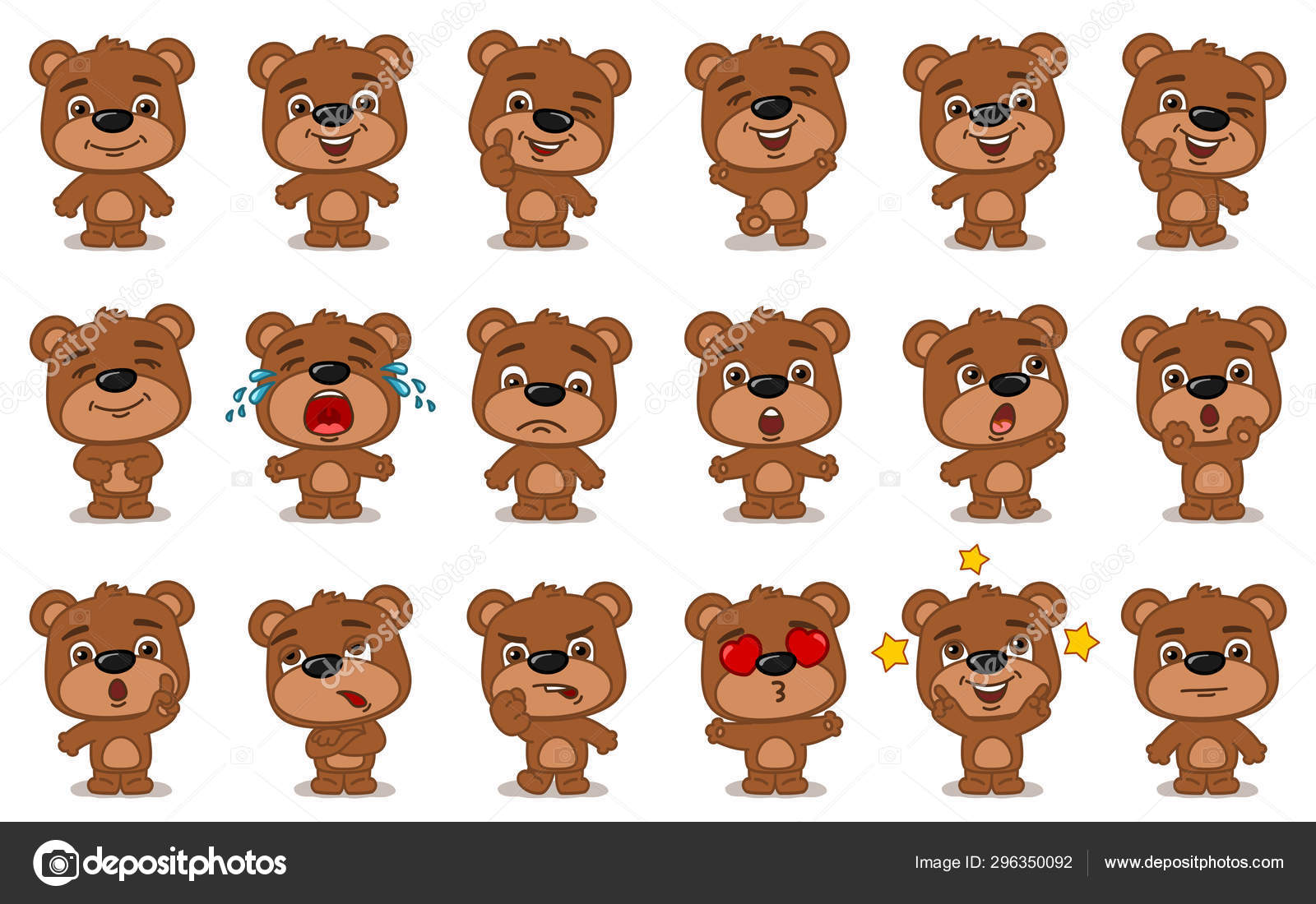 Set Charming Cartoon Characters Bears Different Poses Emotions Stock ...