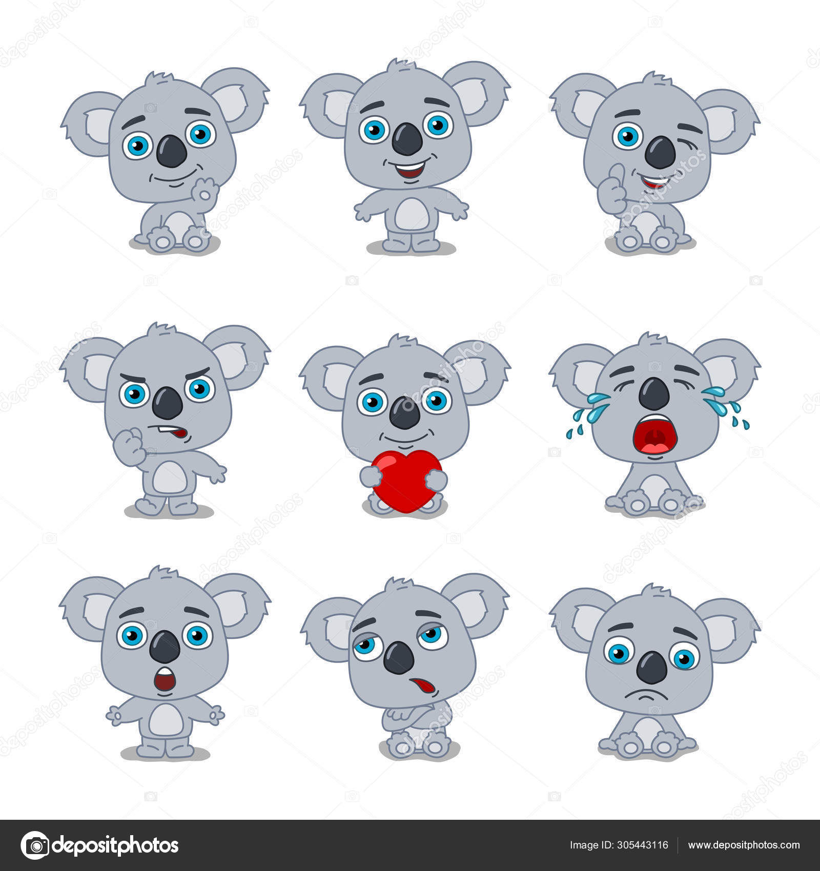 Set Charming Cartoon Characters Koala Bears Different Poses Emotions ...
