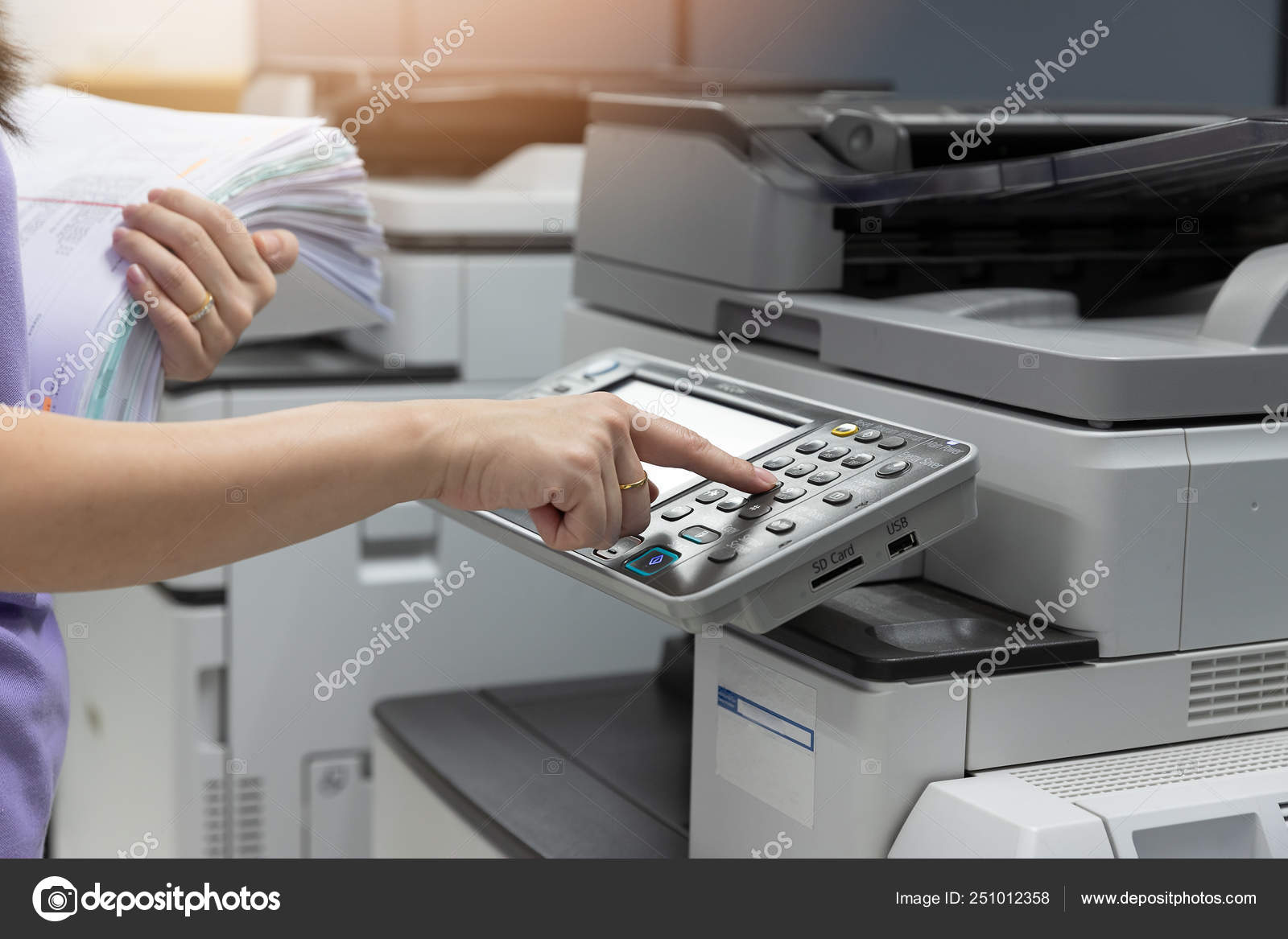 Bussinesswoman Using Copier Machine Copy Heap Paperwork Office Stock ...