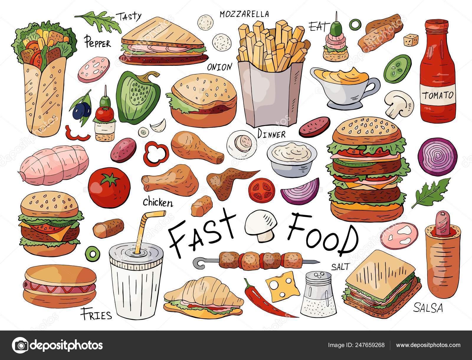 Big set of fast food color elements: sandwiches, burgers, snacks Stock ...