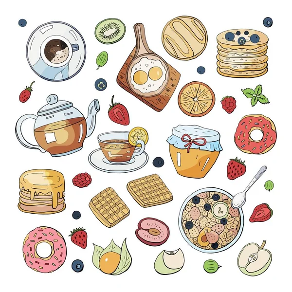 Big set of different breakfast elements on white background. Han Stock ...