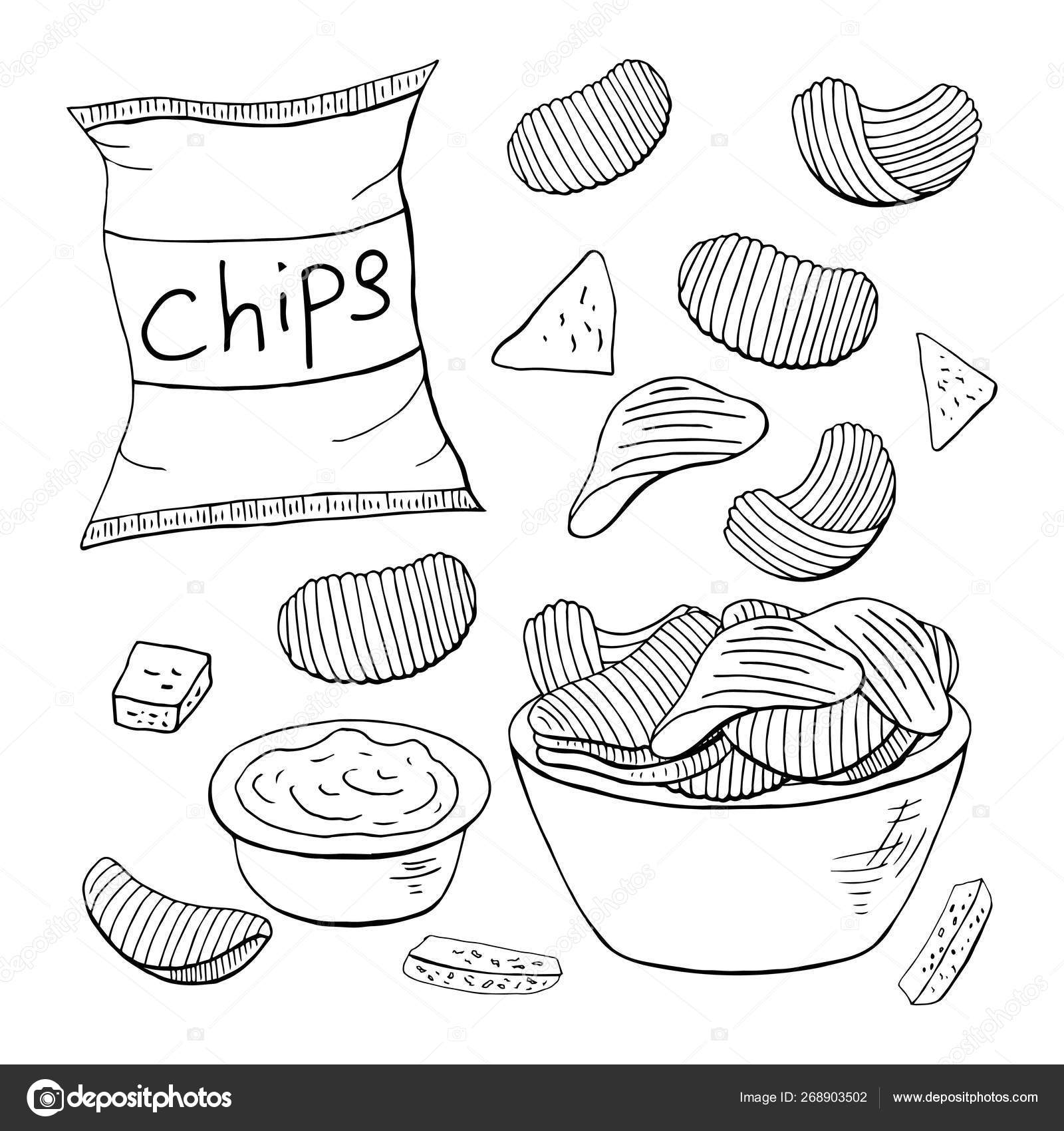 Outline chips collection on white background. Vector different chips ...