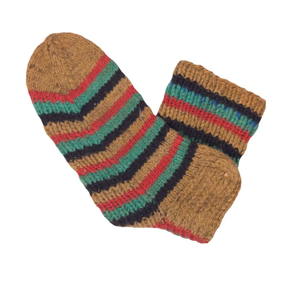 woolen yellow,black,turquoise,red striped socks isolated on a white ...