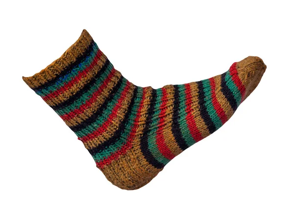 woolen yellow,black,turquoise,red striped socks isolated on a white ...