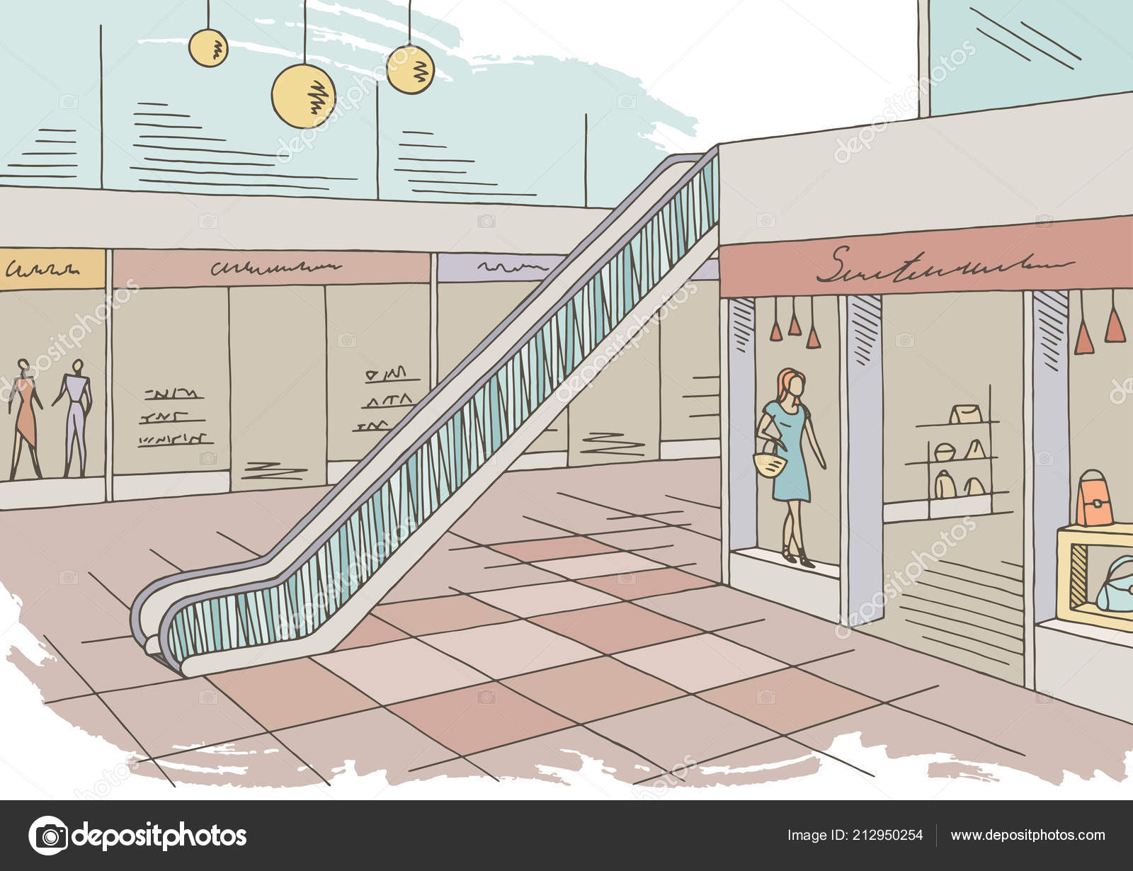 Shopping Mall Graphic Color Interior Sketch Illustration Vector Stock ...