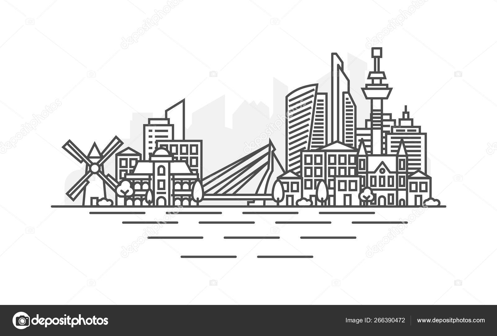 Rotterdam, Netherlands architecture line skyline illustration. Linear ...