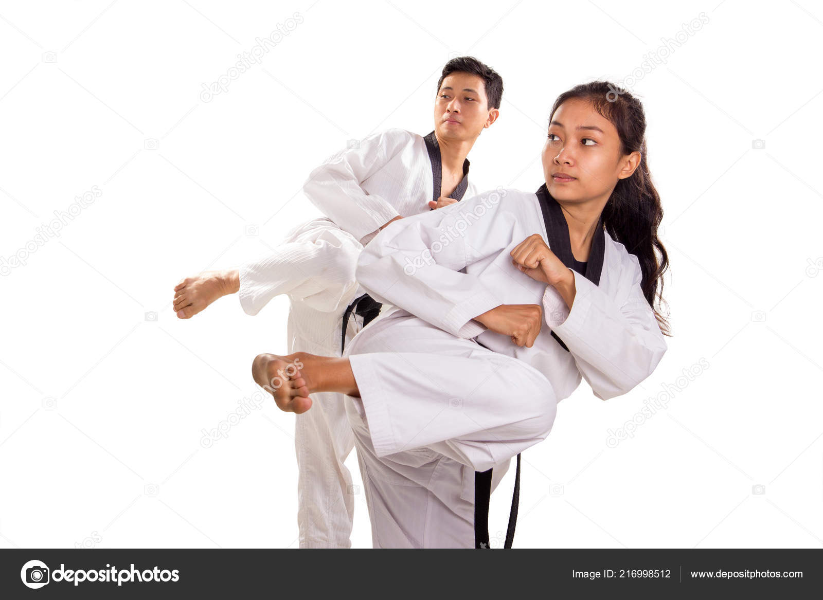 Male Female Taekwondo Athletes Kicking Stances Sync Indoor Portrait ...