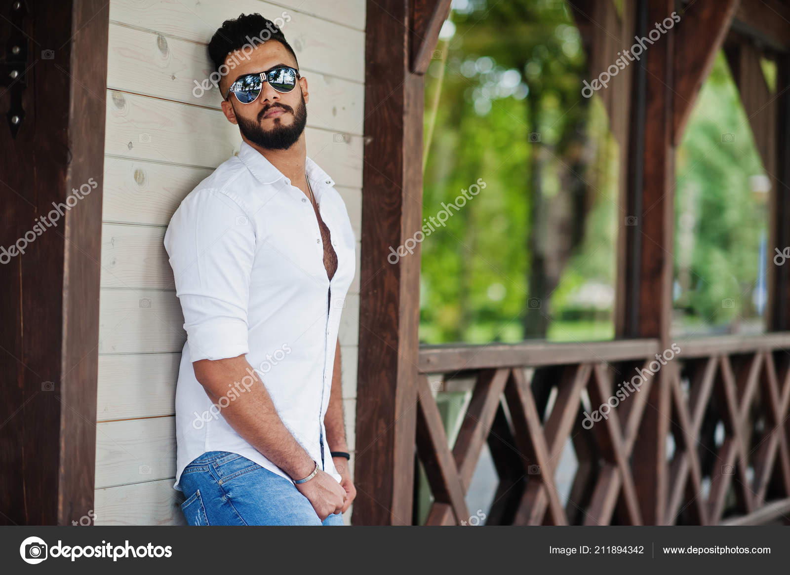 Stylish Tall Arabian Man Model White Shirt Jeans Sunglasses Posed ...