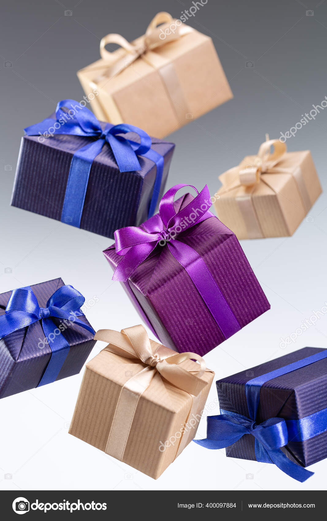 Present Flying Boxes Bright Paper Tied Ribbon Bow Gray Background ...