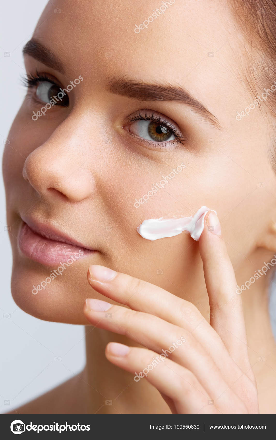 Beautiful Model Applying Cosmetic Cream Treatment Her Face Close Young ...