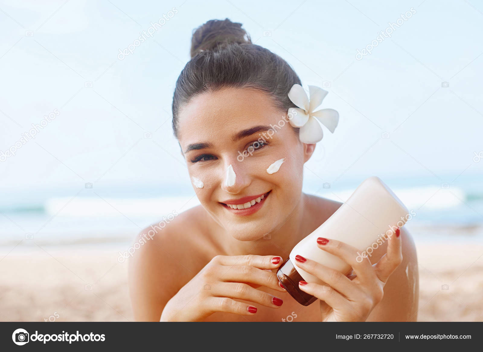 Sunscreen Sunblock Woman Putting Solar Cream Nose Smiling Beautiful