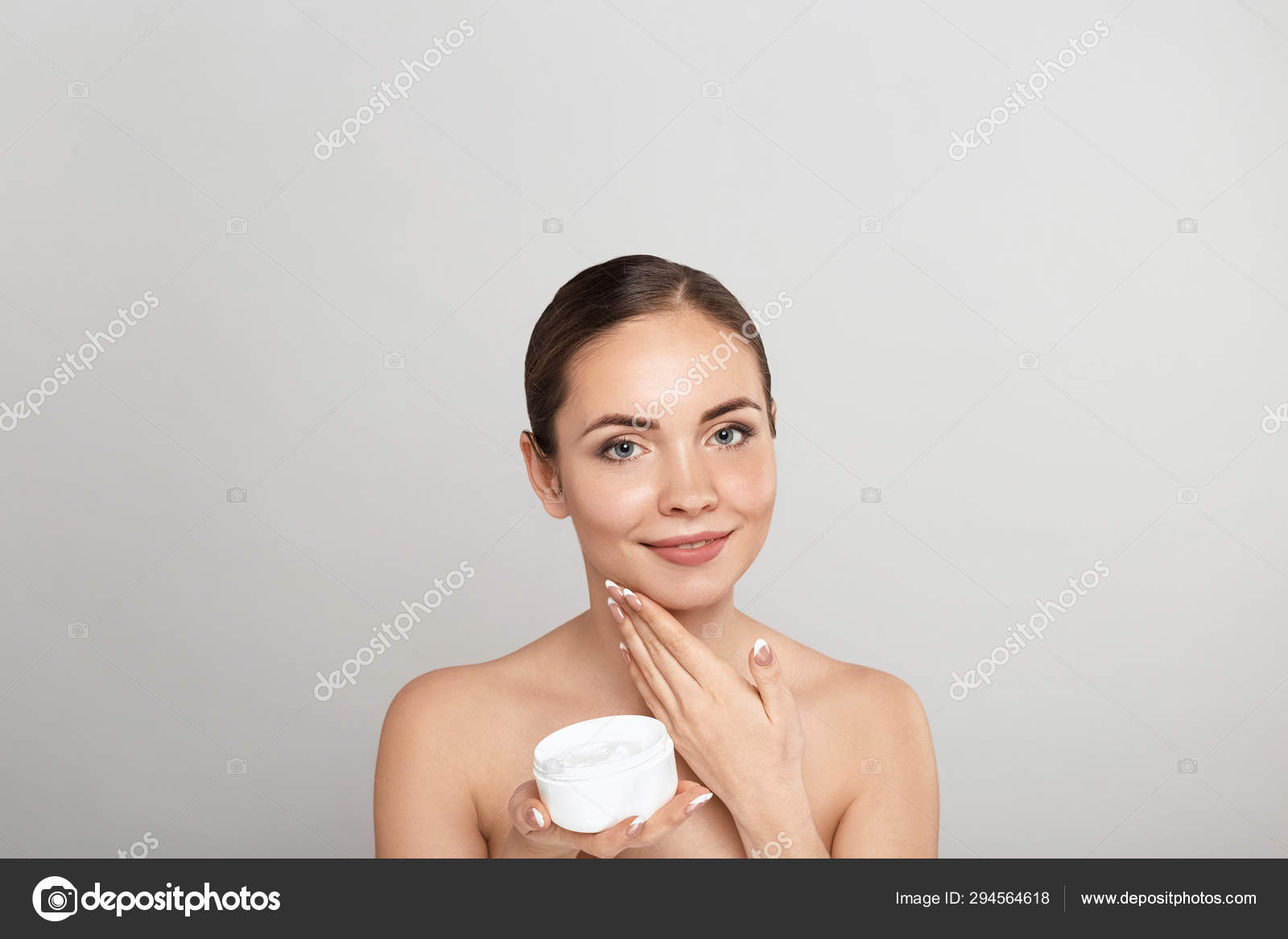 Beauty Face Woman Concept Skin Care Portrait Female Model Holding Stock