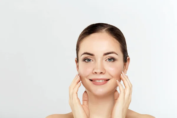 Beautiful Young Woman Clean Fresh Skin Touch Own Face Facial — Stock ...