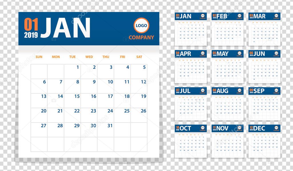 Calendario 2019 en pegatinas de papel con estilo sombra. Azul y naranja ...