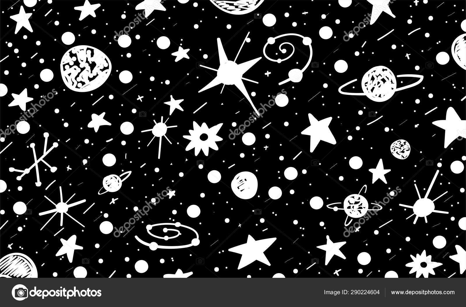 Hand drown scratch style night sky background. Space, stars and planets ...