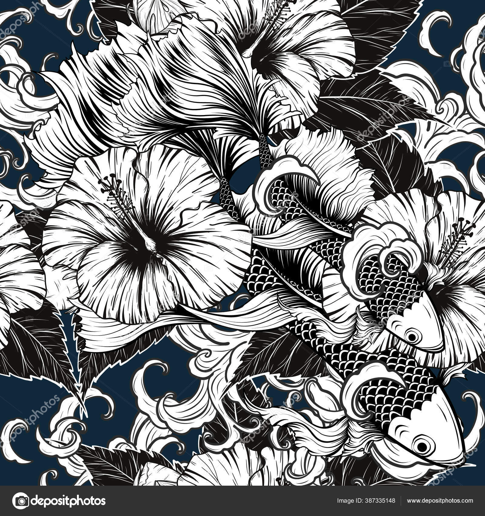 Detailed Black And White Koi Fish Drawings