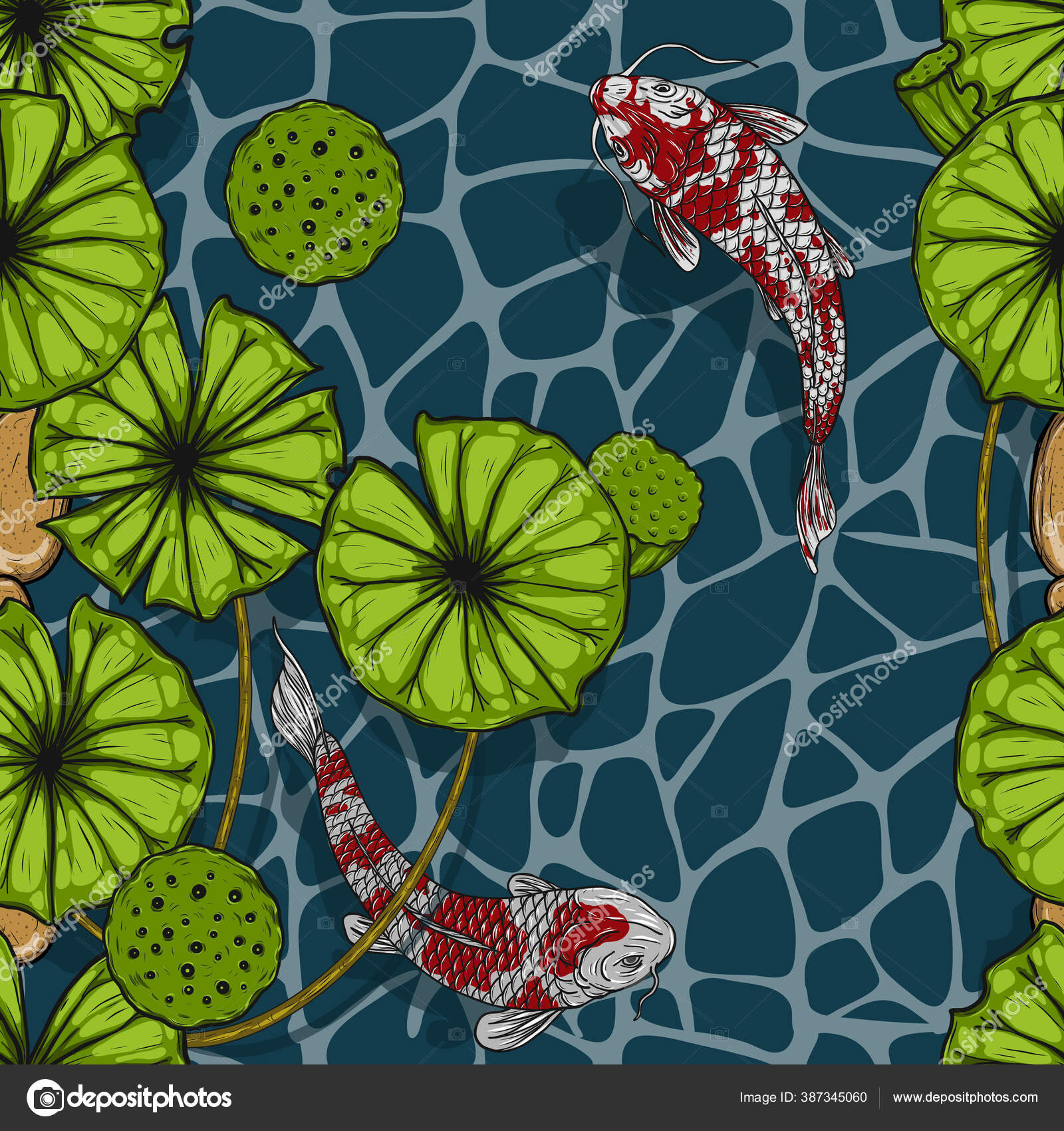 Koi Fish Lotus Seamless Pattern Hand Drawing Carf Fish Vector Stock ...