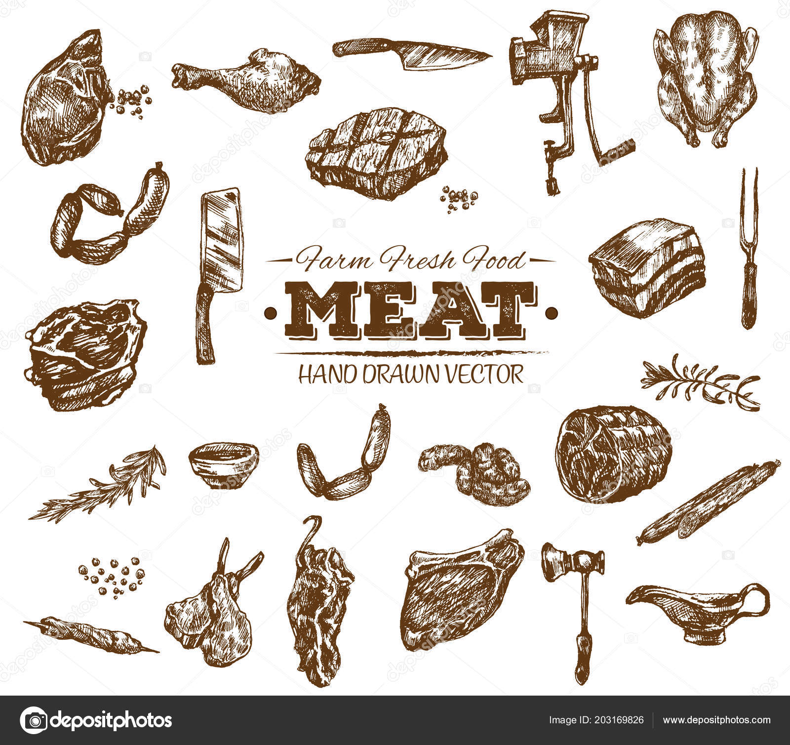 Collection Hand Drawn Meat Sketch Black White Vintage Illustration ...