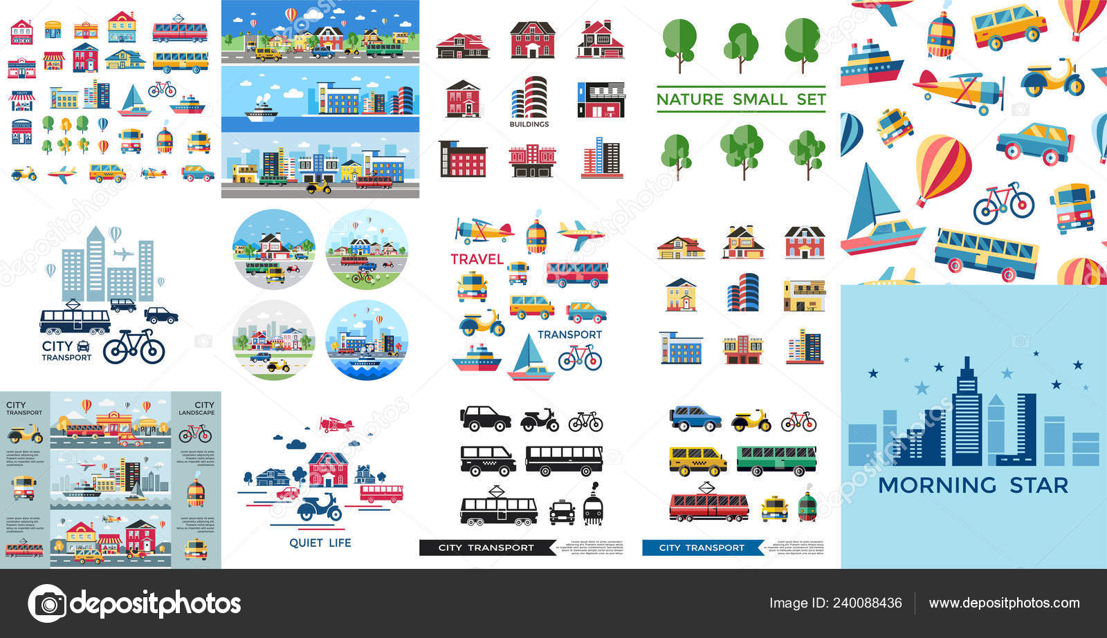 Digital Vector Blue Red Yellow City Transport Icons Set Drawn Stock ...
