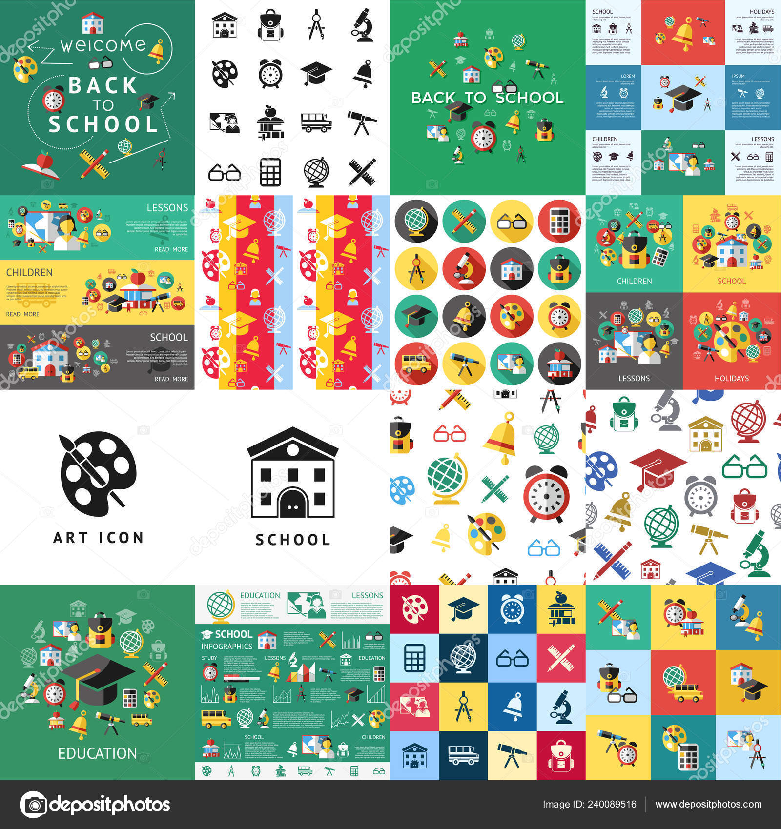 Digital Vector Green Red Yellow School Icons Drawn Simple Line Stock ...