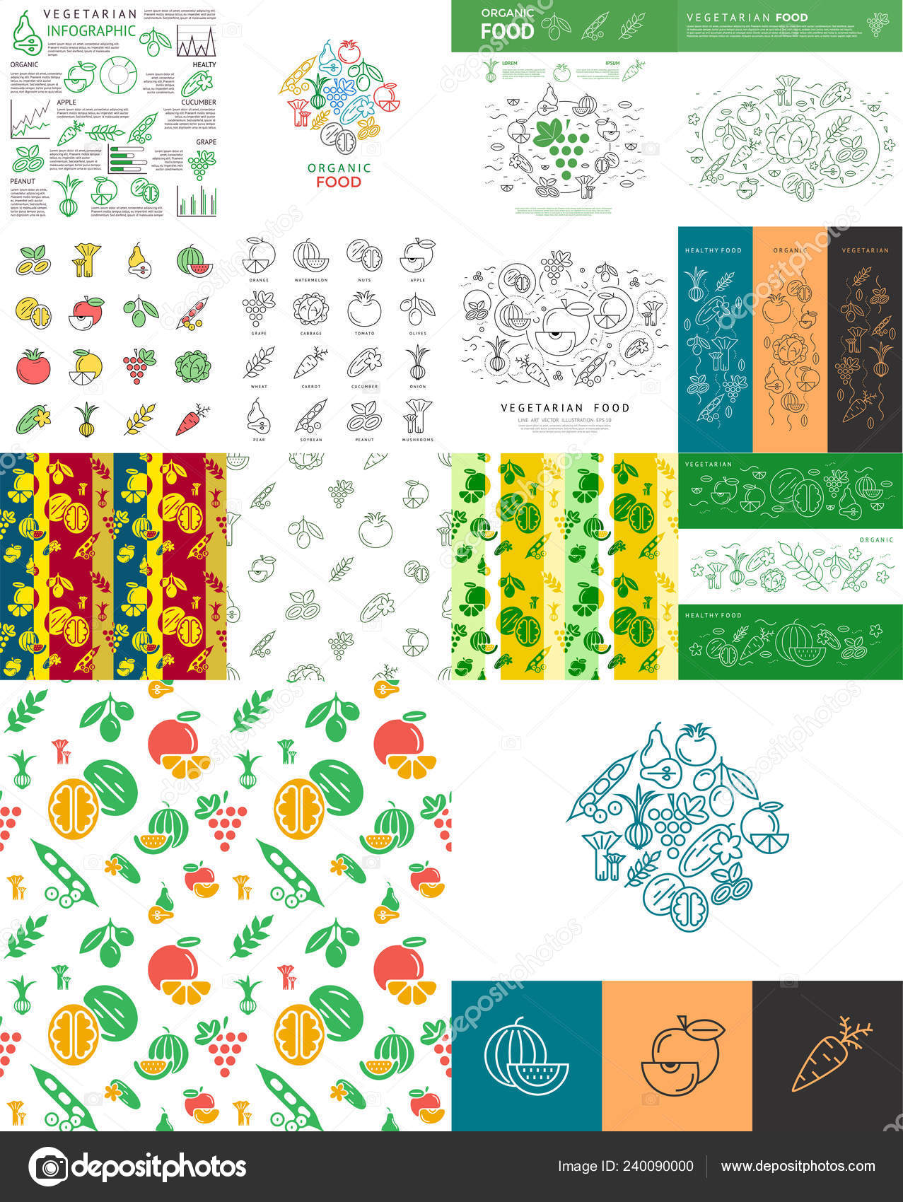 Digital Vector Green Vegetable Icons Set Infographics Drawn Simple Line ...