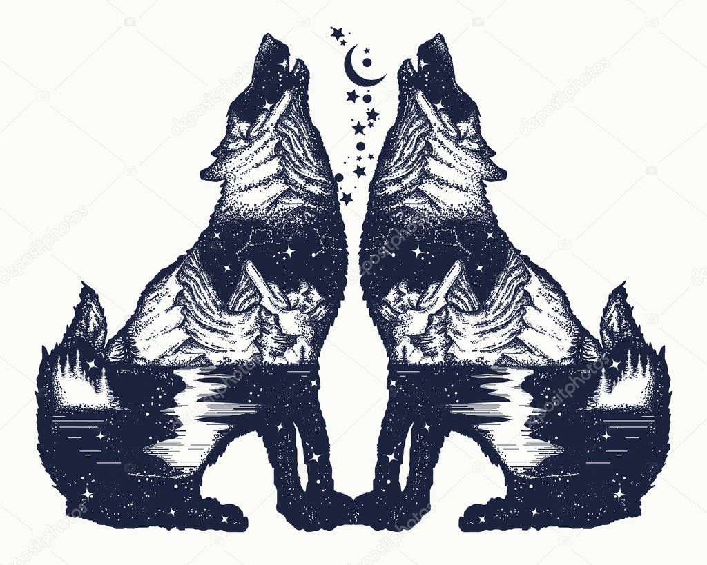 Two wolves tattoo | Two Wolves Double Exposure Tattoo Shirt Design ...