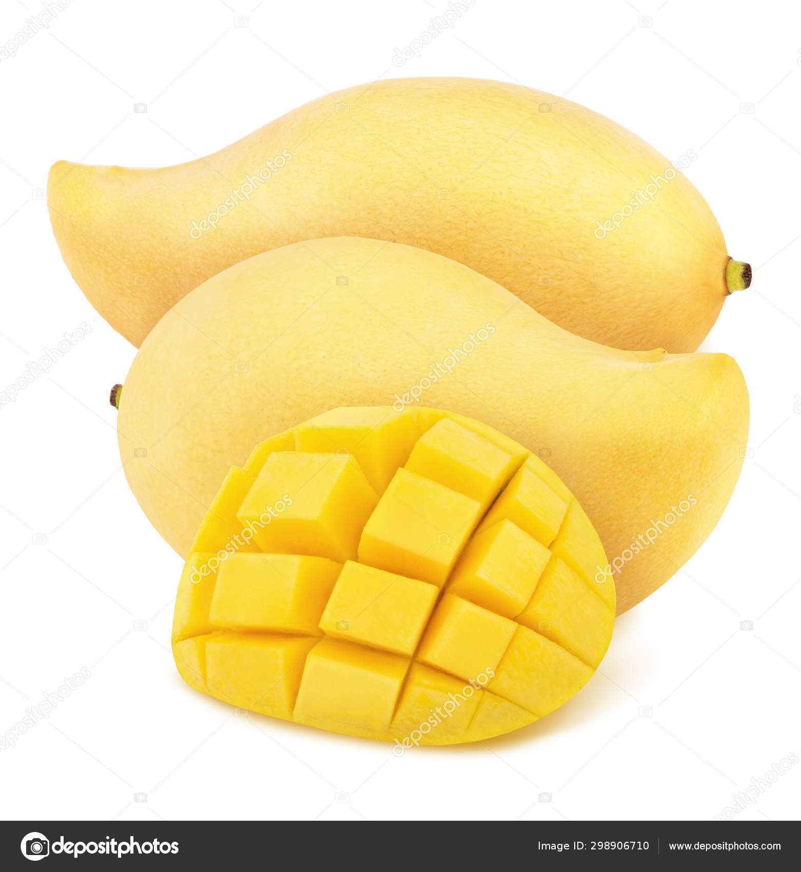 Composition with whole and curved thai mangoes isolated on white ...