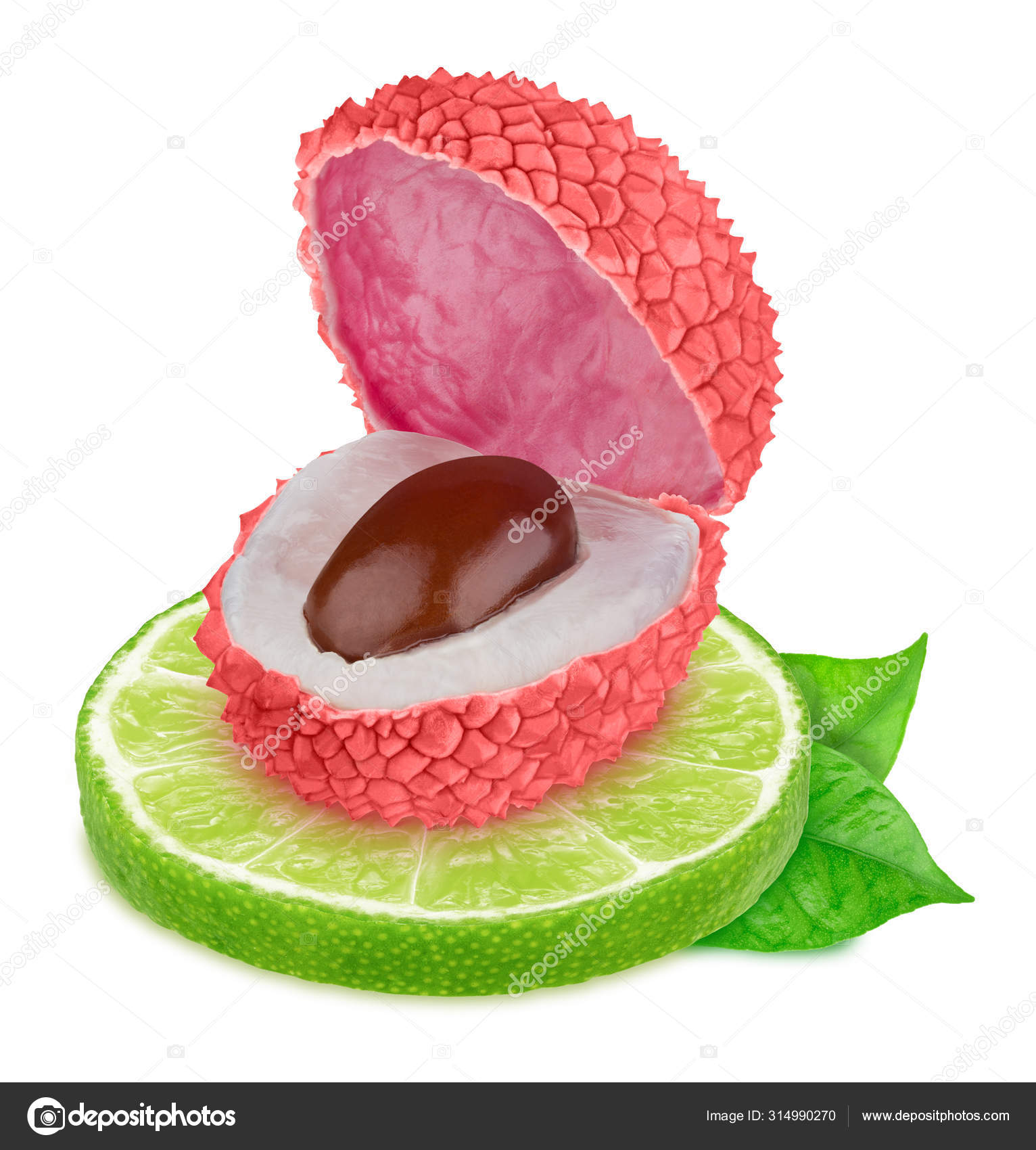 Creative composition with a lychee on a top of lime slice isolated on a ...